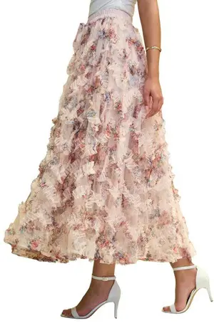 YUMI Floral Ruffle Mesh Midi Skirt - Ivory