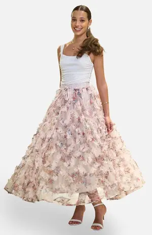 YUMI Floral Ruffle Mesh Midi Skirt - Ivory