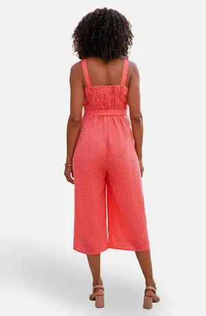 YUMI Gingham Button-through Jumpsuit - Red