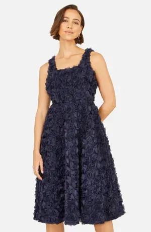 YUMI Applique Floral Skater Dress - Navy