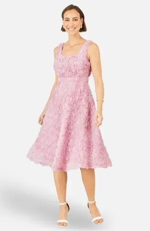 YUMI Applique Floral Skater Dress - Pink