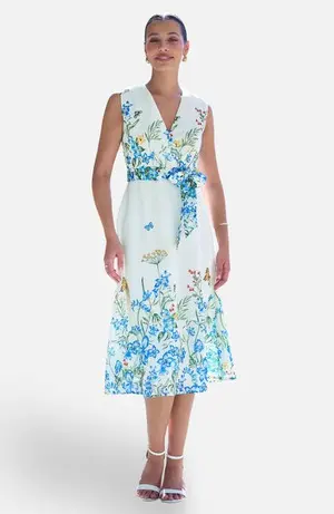 YUMI Butterfly Print Midi Wrap Dress - Ivory