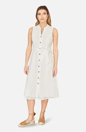 YUMI Broderie Anglaise Cotton Shirt Midi Dress - White