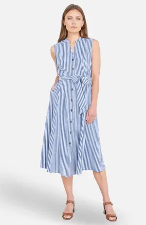 YUMI Stripe Midi Shirt Dress - Navy
