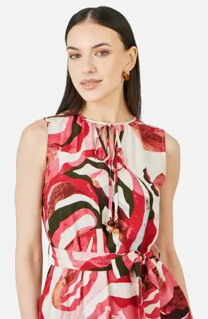 YUMI Abstract Print Sleeveless Midi Dress - Pink