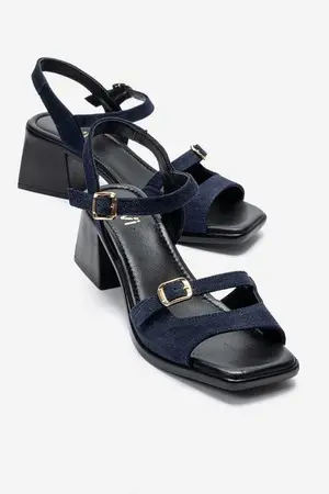 FOREVER & ALWAYS SHOES Yolen Leather Block Heel Sandal - Navy Suede