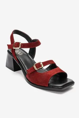 FOREVER & ALWAYS SHOES Yolen Leather Block Heel Sandal - Red Suede