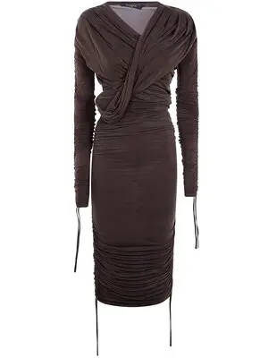 Balmain Long Sleeves Draped Jersey Cupro Mid Dress - Brown