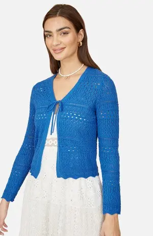 YUMI Crochet Tie Front Cardigan Blue