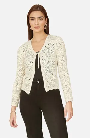 YUMI Crochet Tie Front Cardigan - Ivory