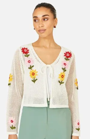 YUMI Crochet Embroidered Flower Cardigan