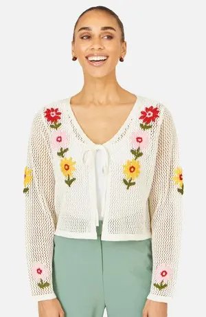 YUMI Crochet Embroidered Flower Cardigan