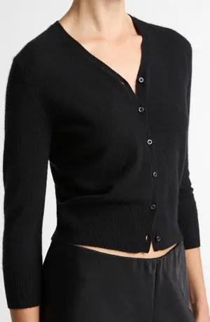 Vince Elbow Sleeve V-neck Cashmere & Silk Cardigan - Black