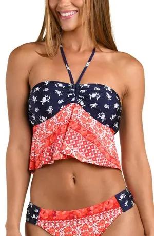 SUNSHINE 79 Flowers & Stripes Halter Bandeau Tankini Top - Red Multi