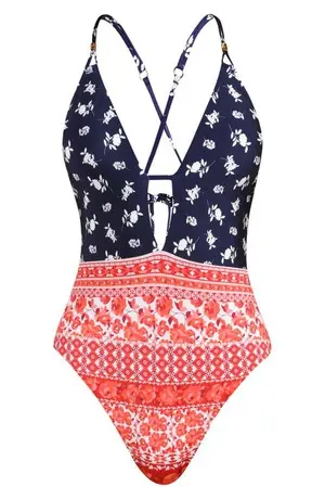 SUNSHINE 79 Floral & Striped One-piece Swimsuit - Red Multi