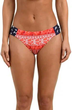 SUNSHINE 79 Flowers & Stripes Shirred Side Hipster Bikini Bottoms Red Multi