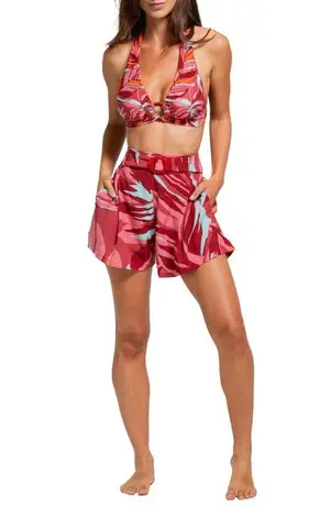 Cosita Linda Tropical Print Belted Cover-up Shorts - Pink Multi