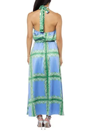 CIEBON Leche Scarf Print Halter Neck Satin Maxi Dress