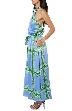 CIEBON Leche Scarf Print Halter Neck Satin Maxi Dress