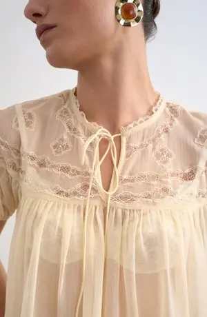 Topshop Sheer Lace Trim Tie Neck Top