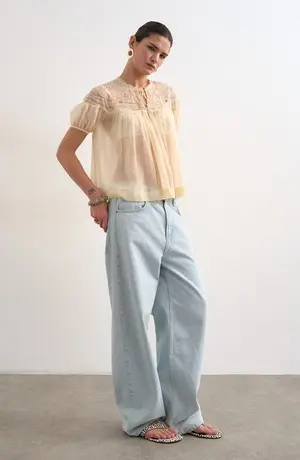Topshop Sheer Lace Trim Tie Neck Top