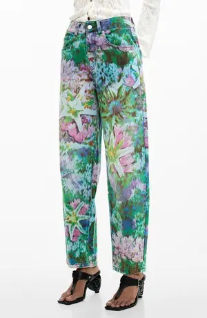 Desigual Wild Garden Print Straight Leg Jeans - Medium Blue