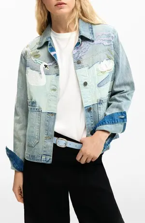 Desigual Swan Appliqué Denim Trucker Jacket - Medium Blue