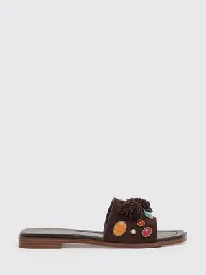 TWINSET Suede Mule Sandals With Stone Embellishments - Coffee