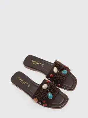 TWINSET Suede Mule Sandals With Stone Embellishments - Coffee