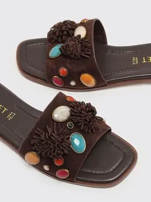 TWINSET Suede Mule Sandals With Stone Embellishments - Coffee