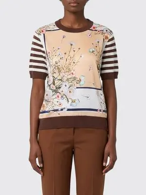 Liu Jo Striped Viscose Knit Sweater With Floral Print - Brown