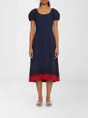 Tory Burch Blue Viscose And Linen Blend Midi Dress With Puff Sleeves - Navy