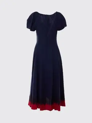 Tory Burch Blue Viscose And Linen Blend Midi Dress With Puff Sleeves - Navy