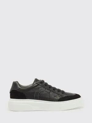 FERRAGAMO Grained Leather Lace-up Sneakers - Black