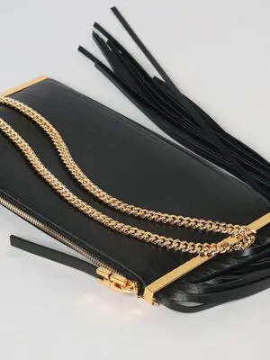 Elisabetta Franchi Nappa Leather Clutch With Fringes And Chain Strap - Black