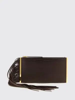 Elisabetta Franchi Nappa Leather Clutch With Fringes And Chain Strap - Cocoa