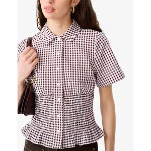 OMNES Gingham Shirred Cotton Blouse