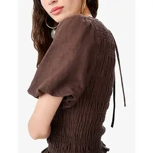 OMNES Nicolla Shirred-bodice Linen-blend Top - Chocolate