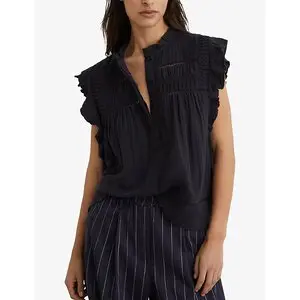 REISS Florie Ruffle-neck Cotton Cheesecloth Top - Navy