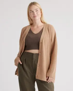 Quince Mongolian Spring Cashmere Oversized Boyfriend Cardigan Sweater Camel