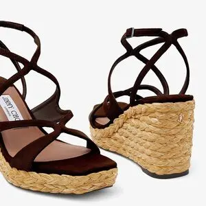 JIMMY CHOO Ayla 85 Suede Wedge Sandal - Coffee