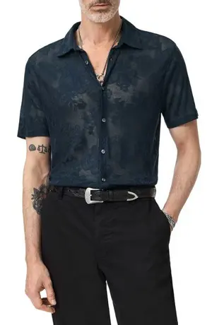 John Varvatos Biaggio Jacquard Mesh Short Sleeve Button-up Shirt - Deep Blue