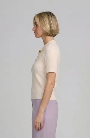 ELLE COLLECTION Fine Gauge Ribbed Henley - Ivory