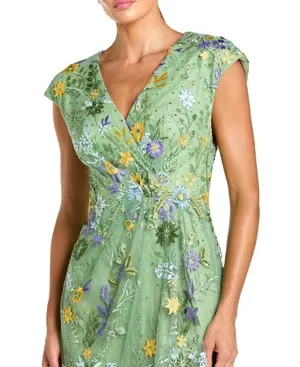 Mac Duggal Faux Wrap Embroidered Cap Sleeve Gown - Sage