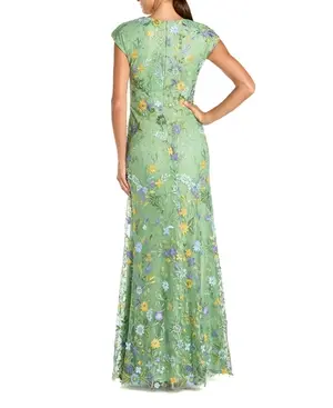 Mac Duggal Faux Wrap Embroidered Cap Sleeve Gown - Sage