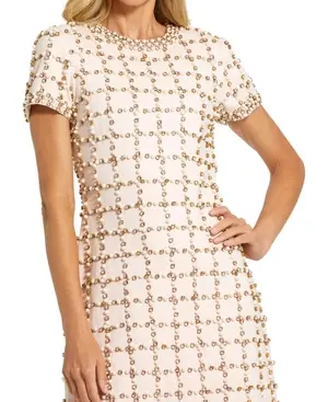 Mac Duggal Short Sleeve Rhinestone Beaded Neoprene Mini Dress