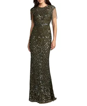 Mac Duggal Petite Beaded Fringe High-neck Fitted Evening Gown - Olive