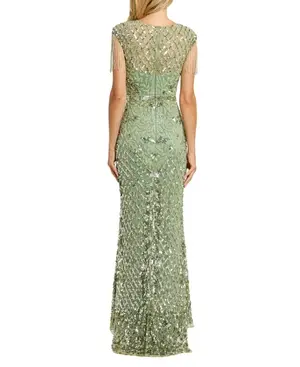 Mac Duggal Petite Beaded Fringe High-neck Fitted Evening Gown - Sage