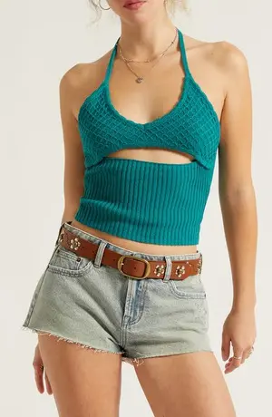 PACSUN Knit Halter Neck Crop Tank - Teal