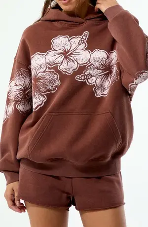 PACSUN Cotton-blend Fleece Hibiscus Print Hoodie - Brown